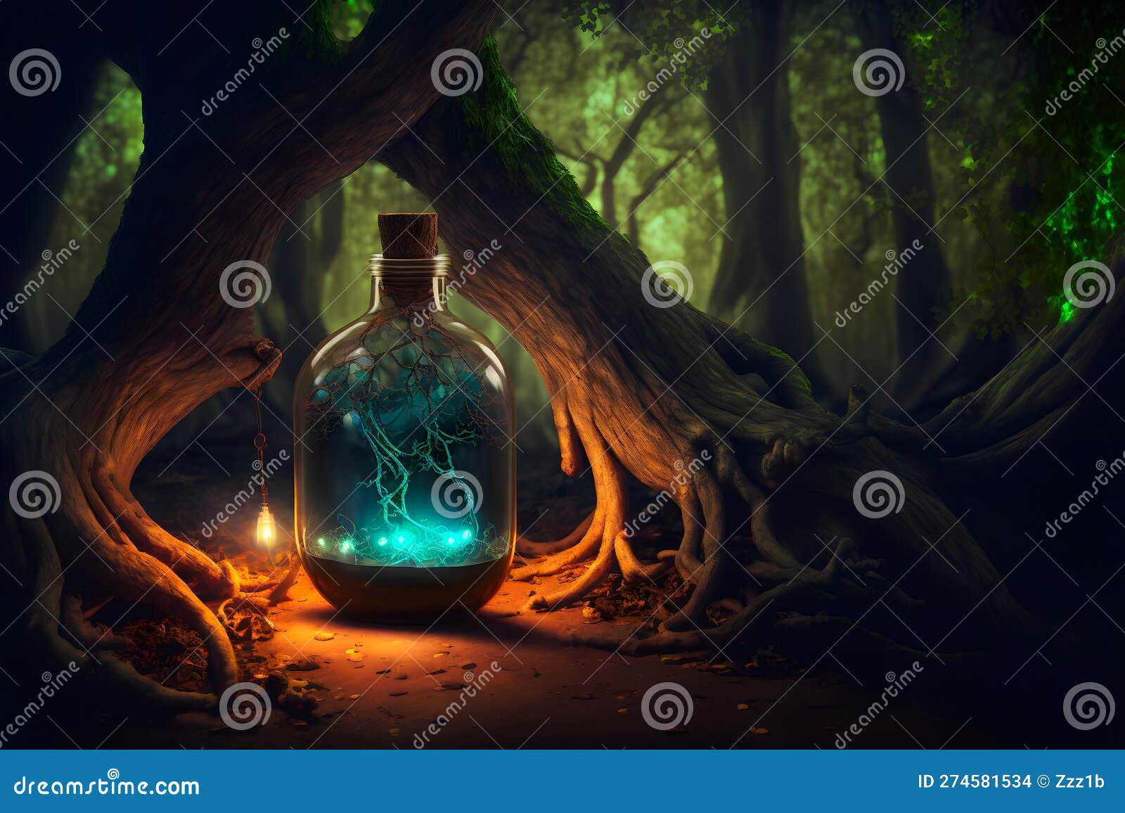 Glowing Potion Bottle with Magic Tree Inside on Night Forest Ground ...