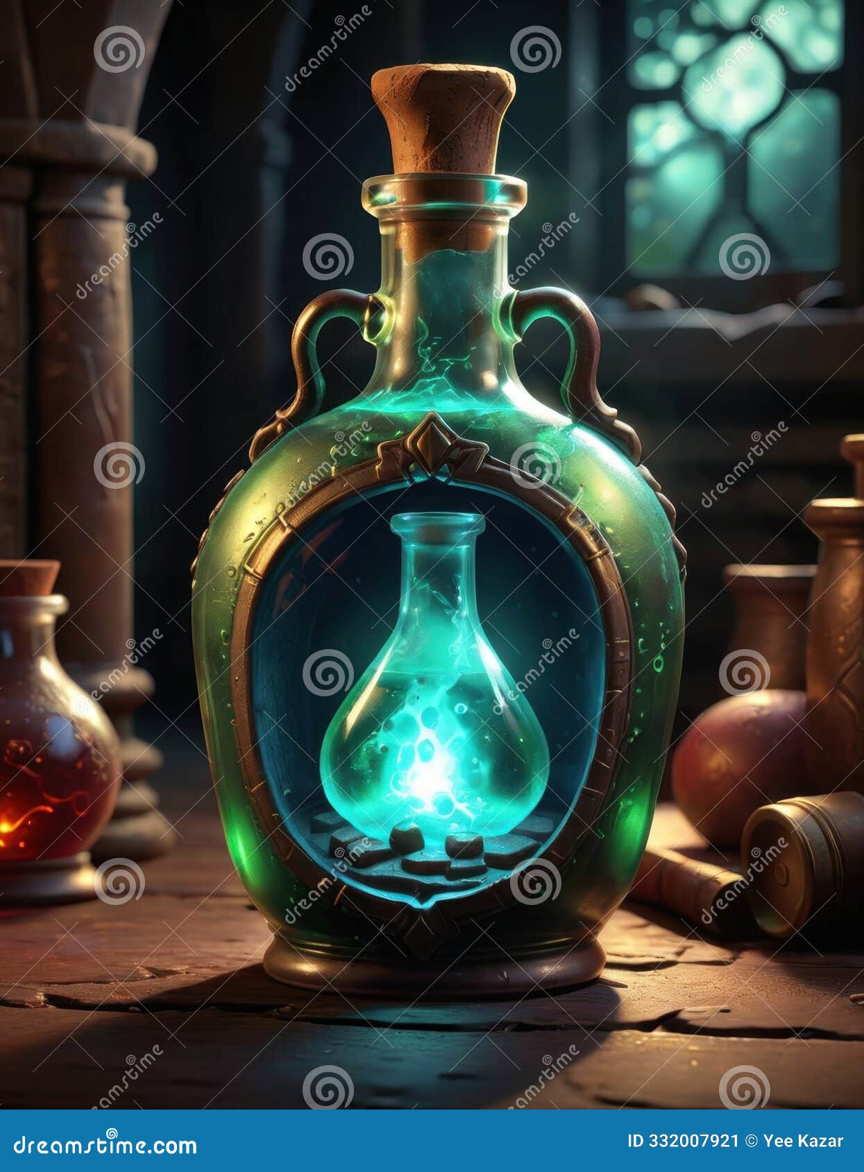 Glowing Potion Bottle in a Medieval Setting. Stock Illustration ...