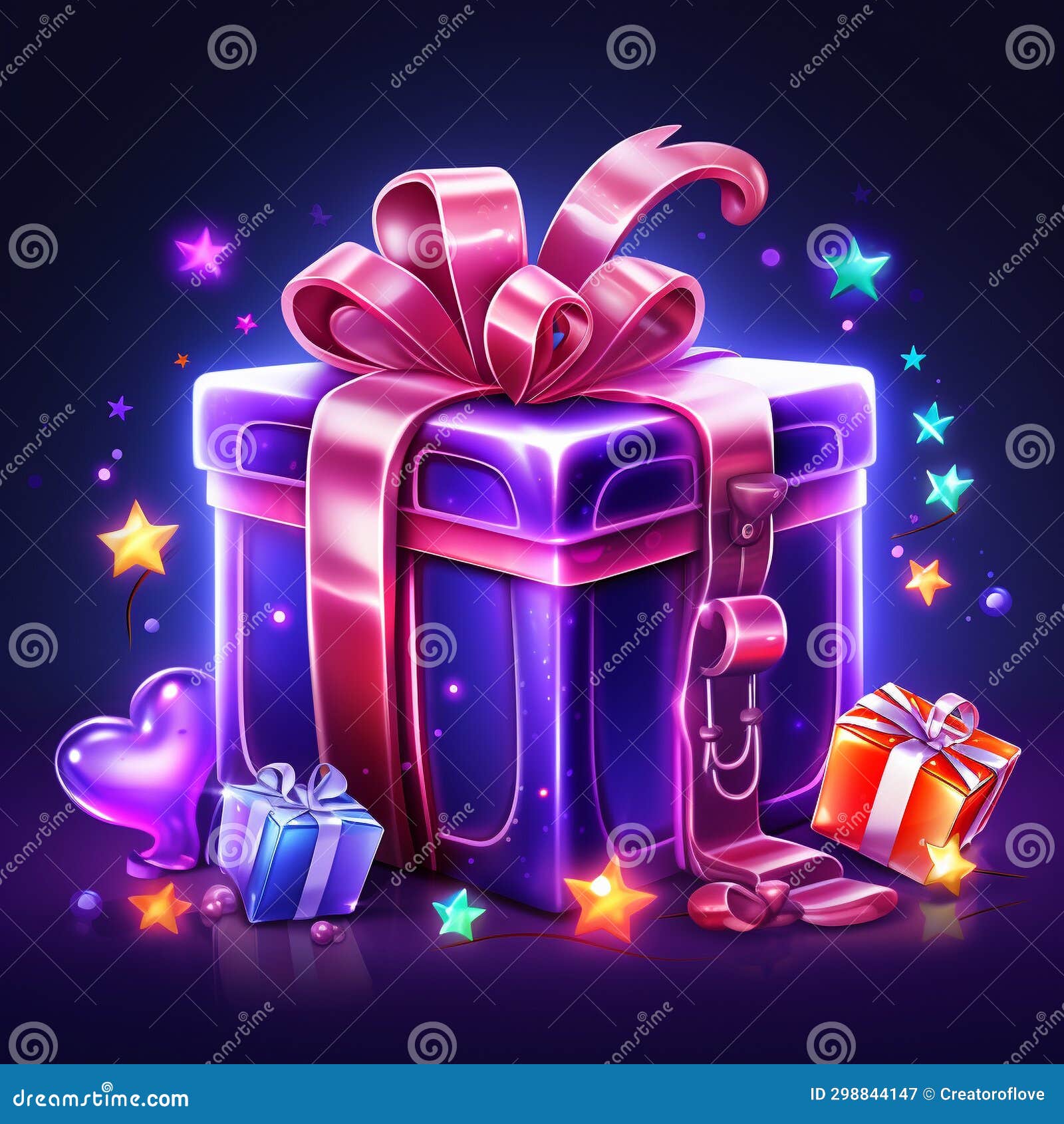 A Glowing Purple Gift Box with Stars on Dark Background Stock ...