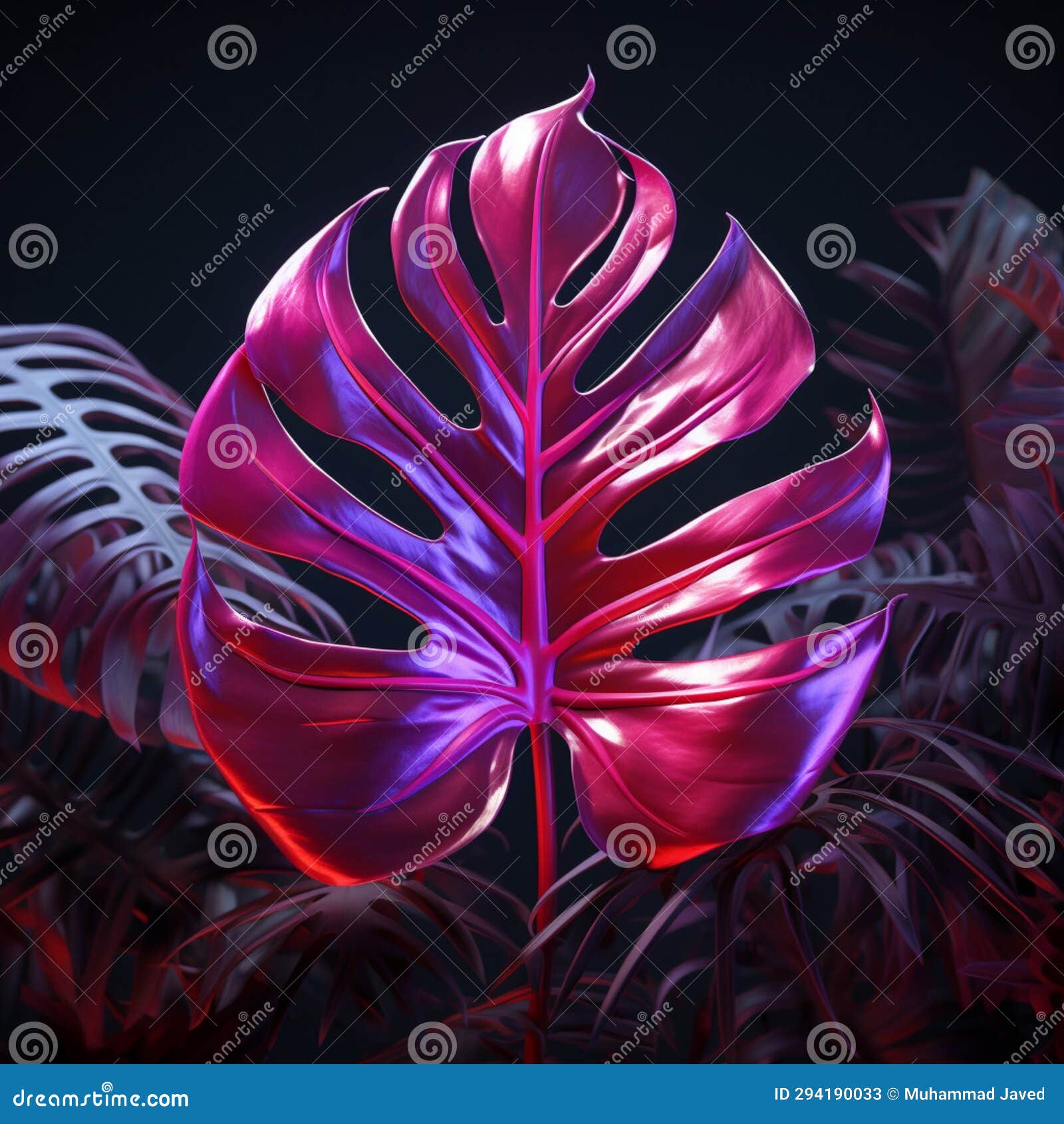 Glowing Purple Neon Light Transforms Monstera Leaf into a 3D ...