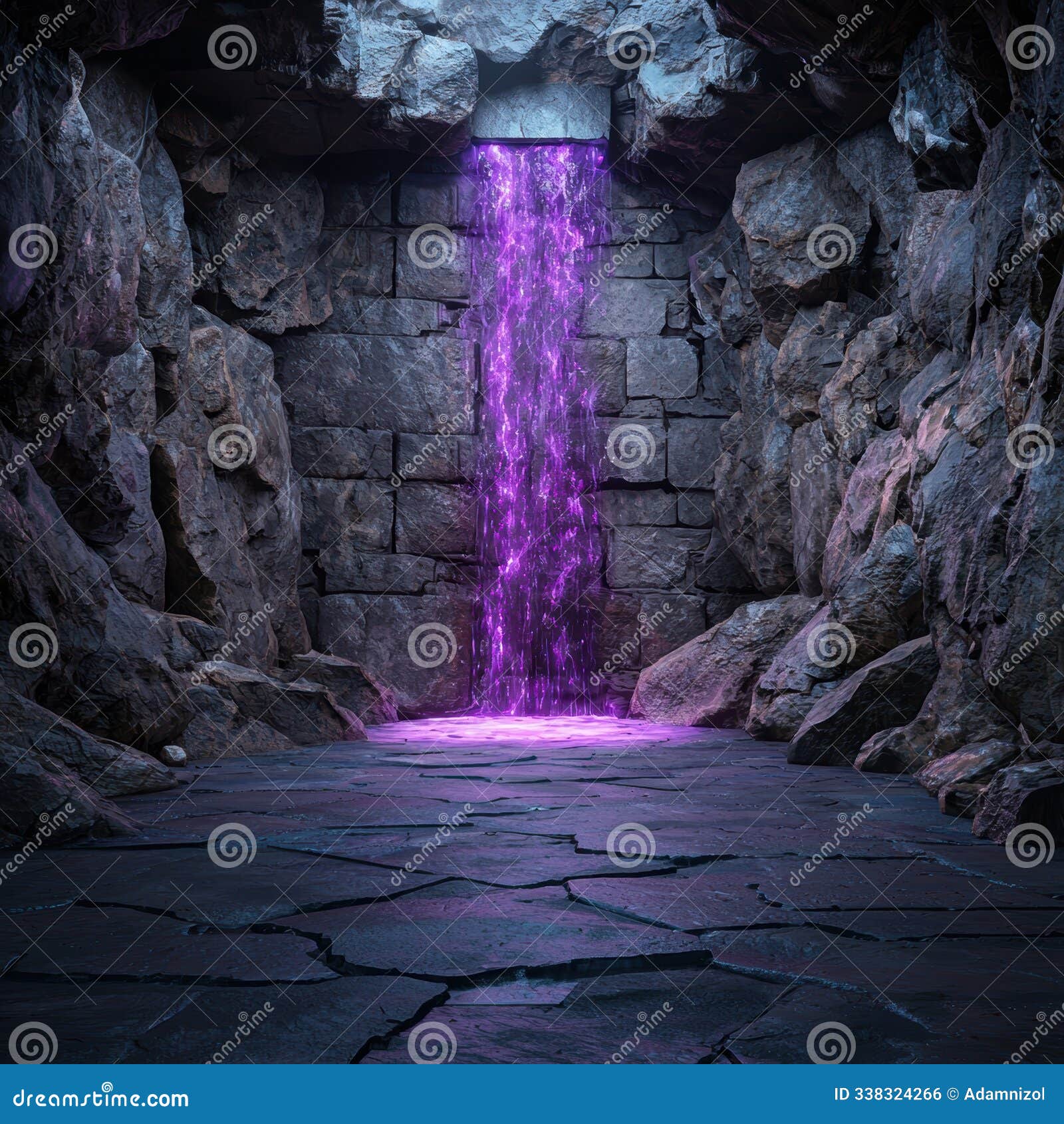 Glowing Purple Waterfall in Dark Cave Stock Illustration - Illustration ...