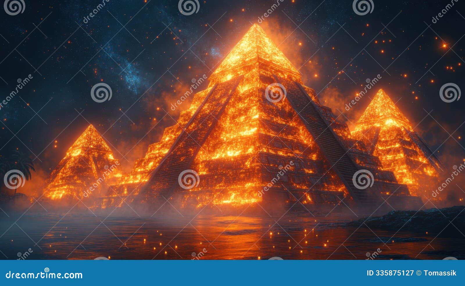 Glowing Pyramids Erupting with Fire at Night in Mysterious Desert ...
