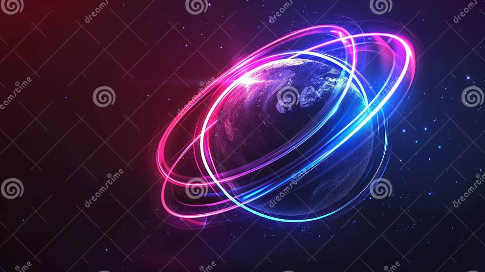 Glowing Quantum Particle Model with Neon Orbits Stock Illustration ...