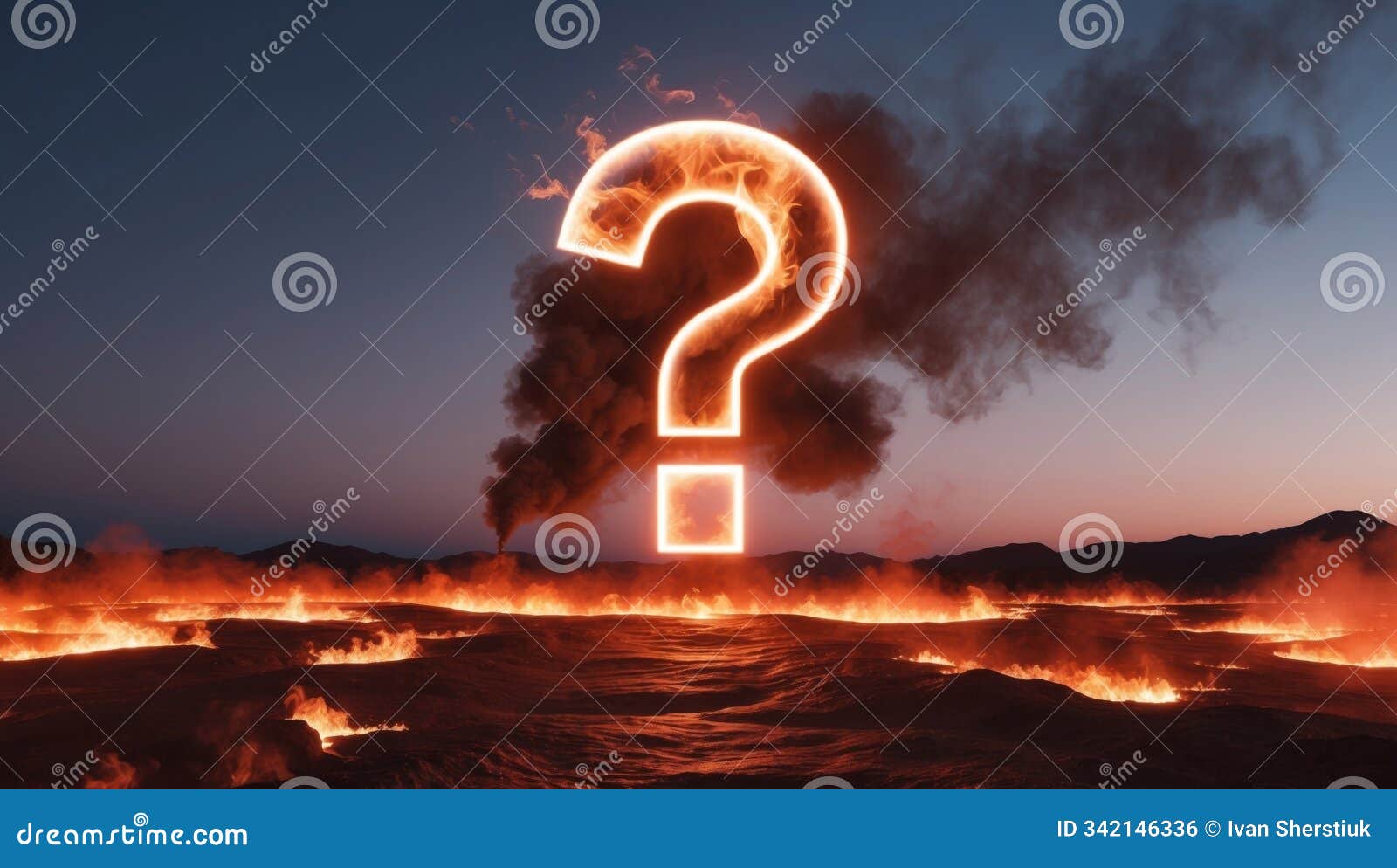 Glowing Question Mark in Fiery Landscape at Dusk. Stock Photo - Image ...