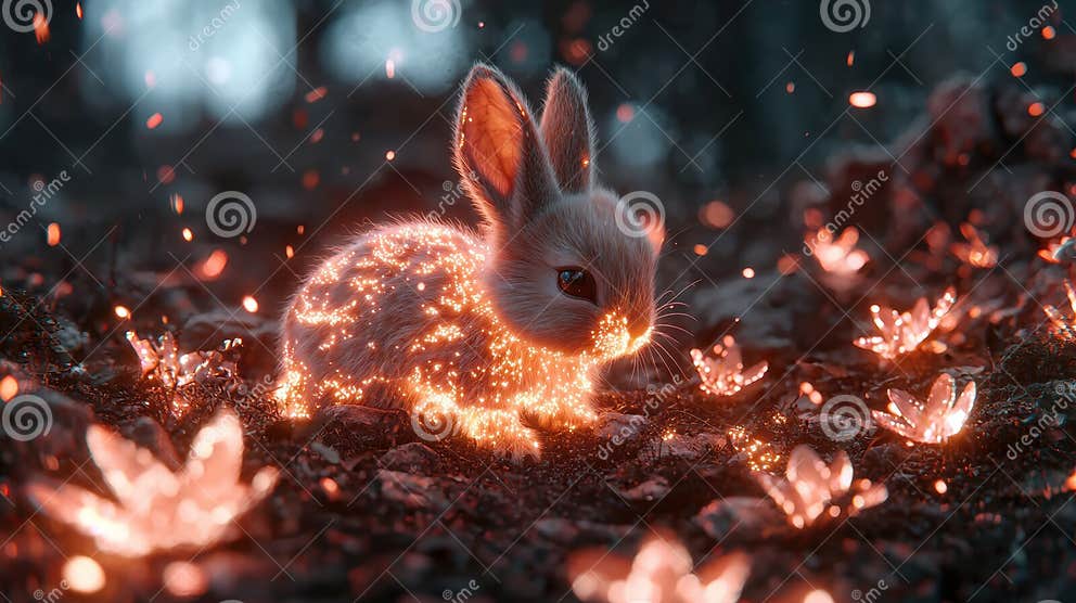 Glowing Rabbit in Magical Forest Stock Illustration - Illustration of ...
