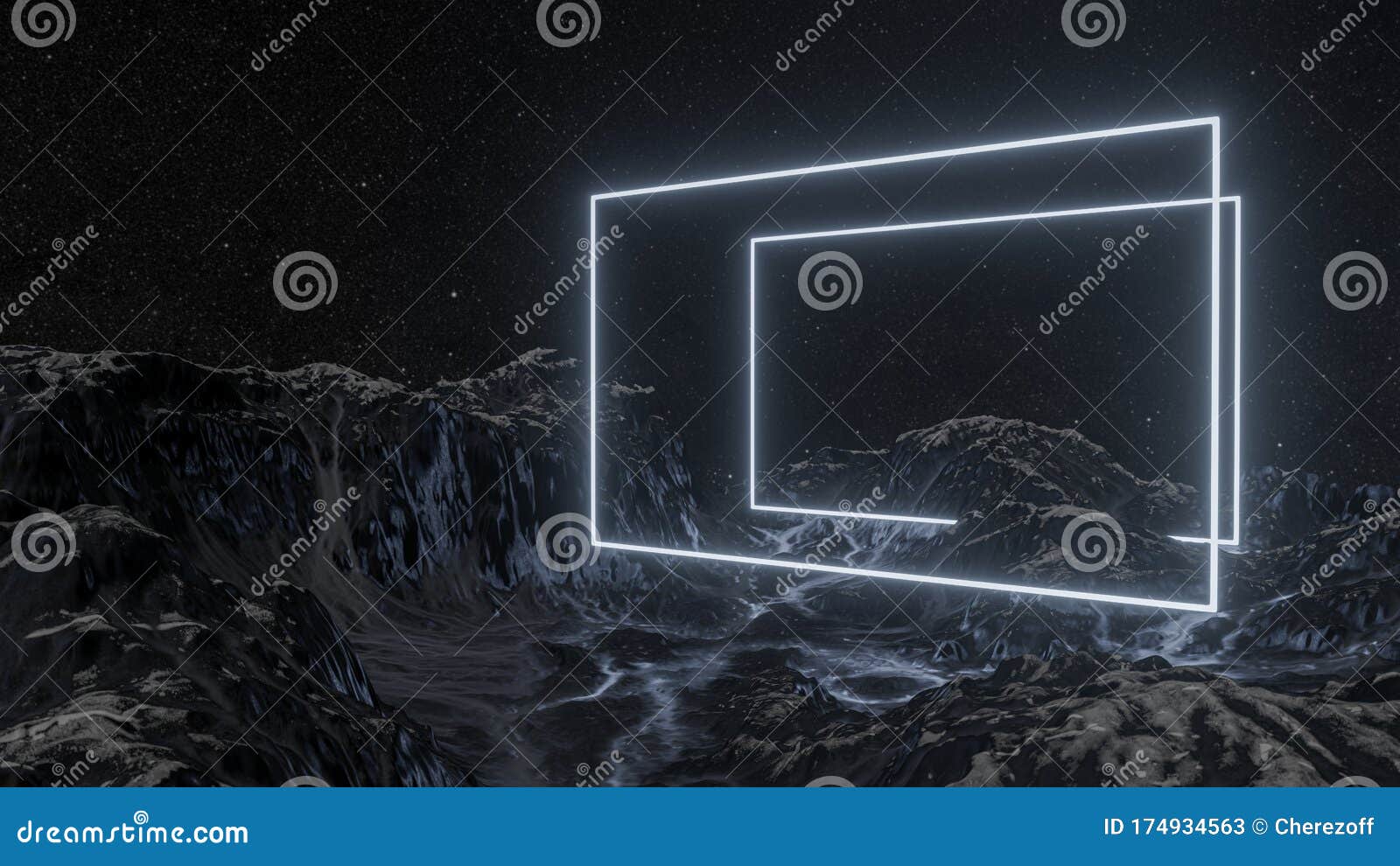 Glowing Rectangle, Mountains and Night Starry Sky Stock Illustration ...