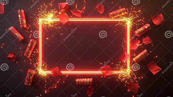 A Glowing Rectangular Frame Decorated with Red Envelopes and Stock ...