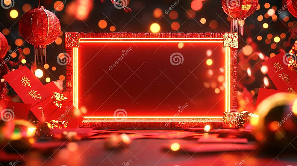 A Glowing Rectangular Frame Decorated with Red Envelopes and Stock ...