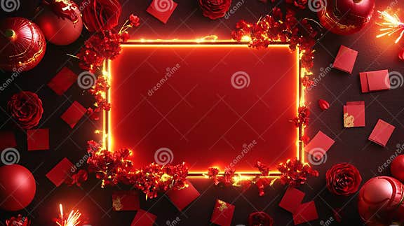 A Glowing Rectangular Frame Decorated with Red Envelopes and Stock ...