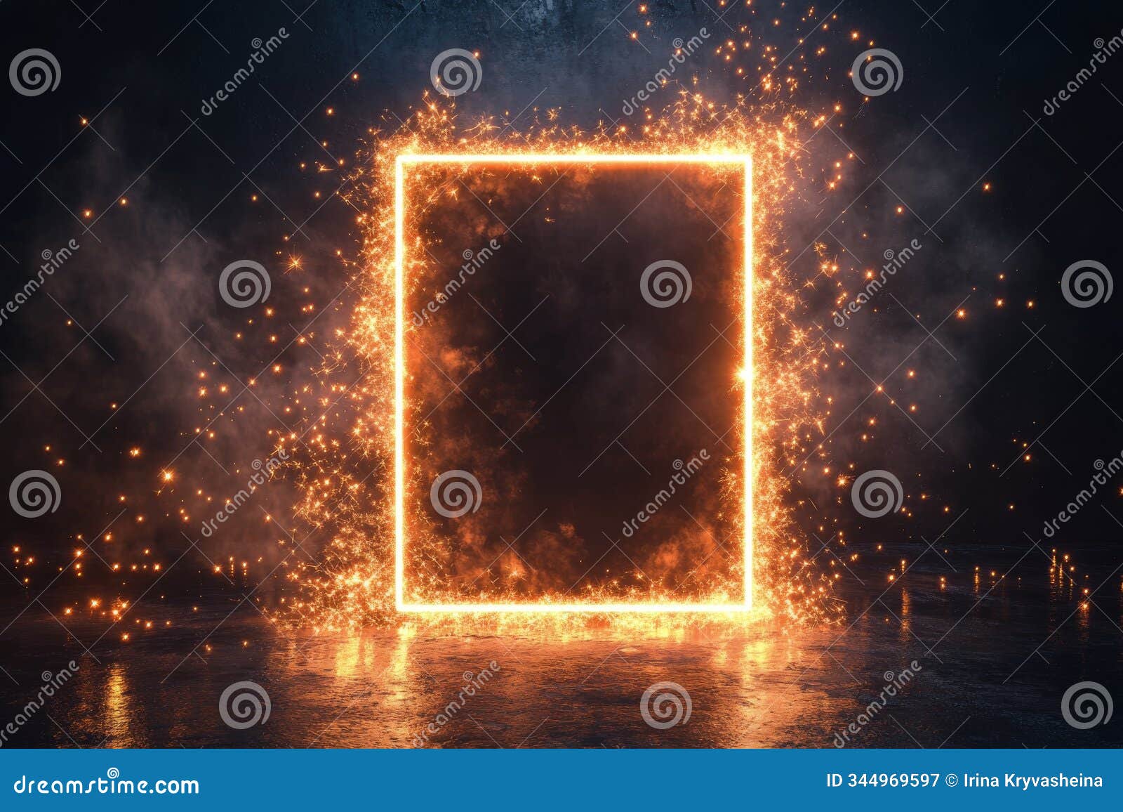 Glowing Rectangular Frame Surrounded by Sparks and Smoke in a Dark ...
