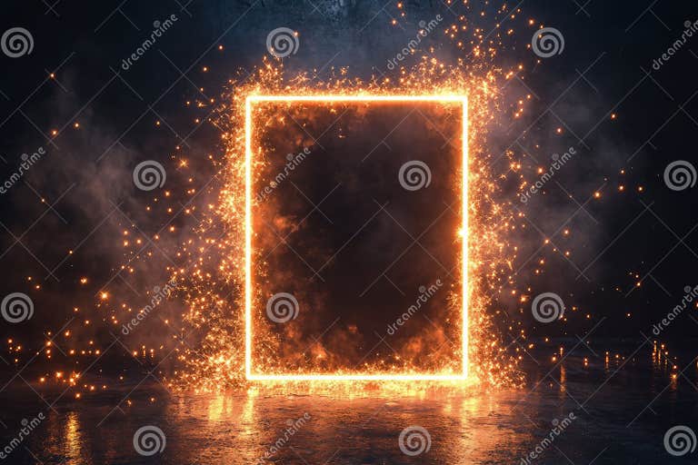 Glowing Rectangular Frame Surrounded by Sparks and Smoke in a Dark ...