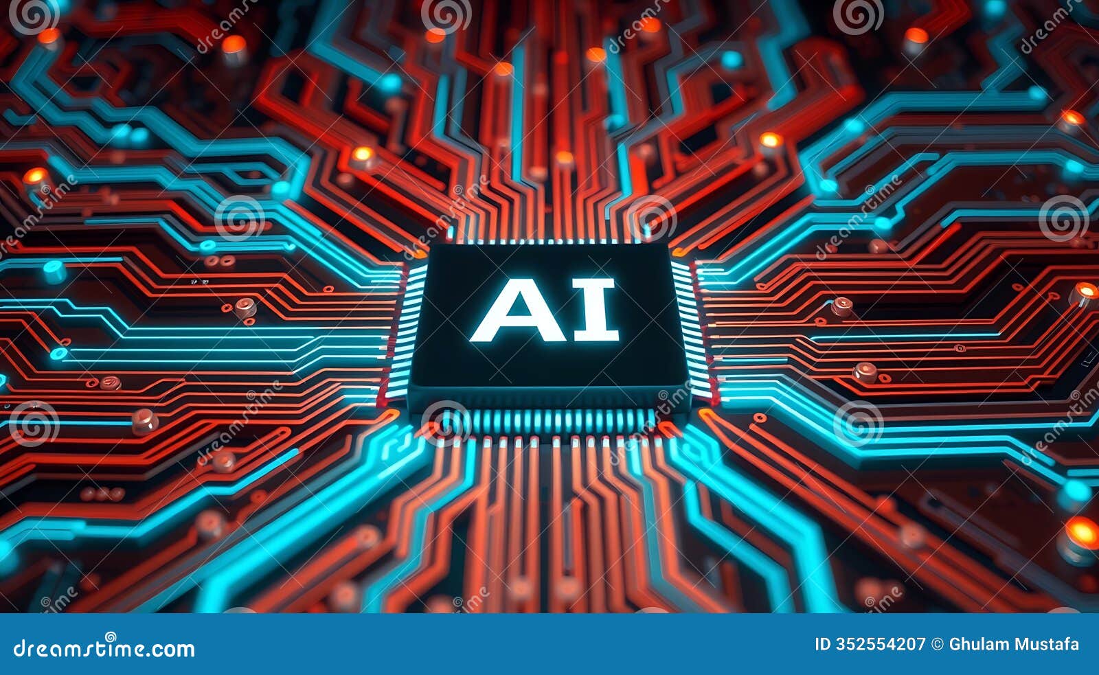 Glowing Red Ai Microchip Surrounded by Vibrant Circuit Patterns Stock ...