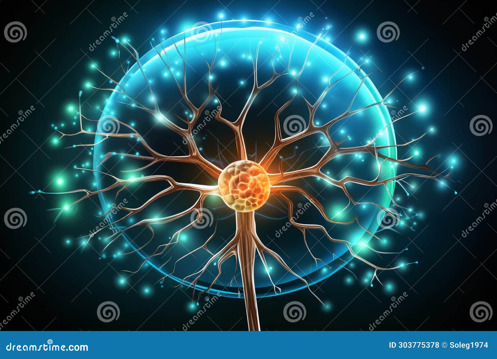 Glowing Red Brain Inside a Sphere of Neurons and a Grid of Connections ...