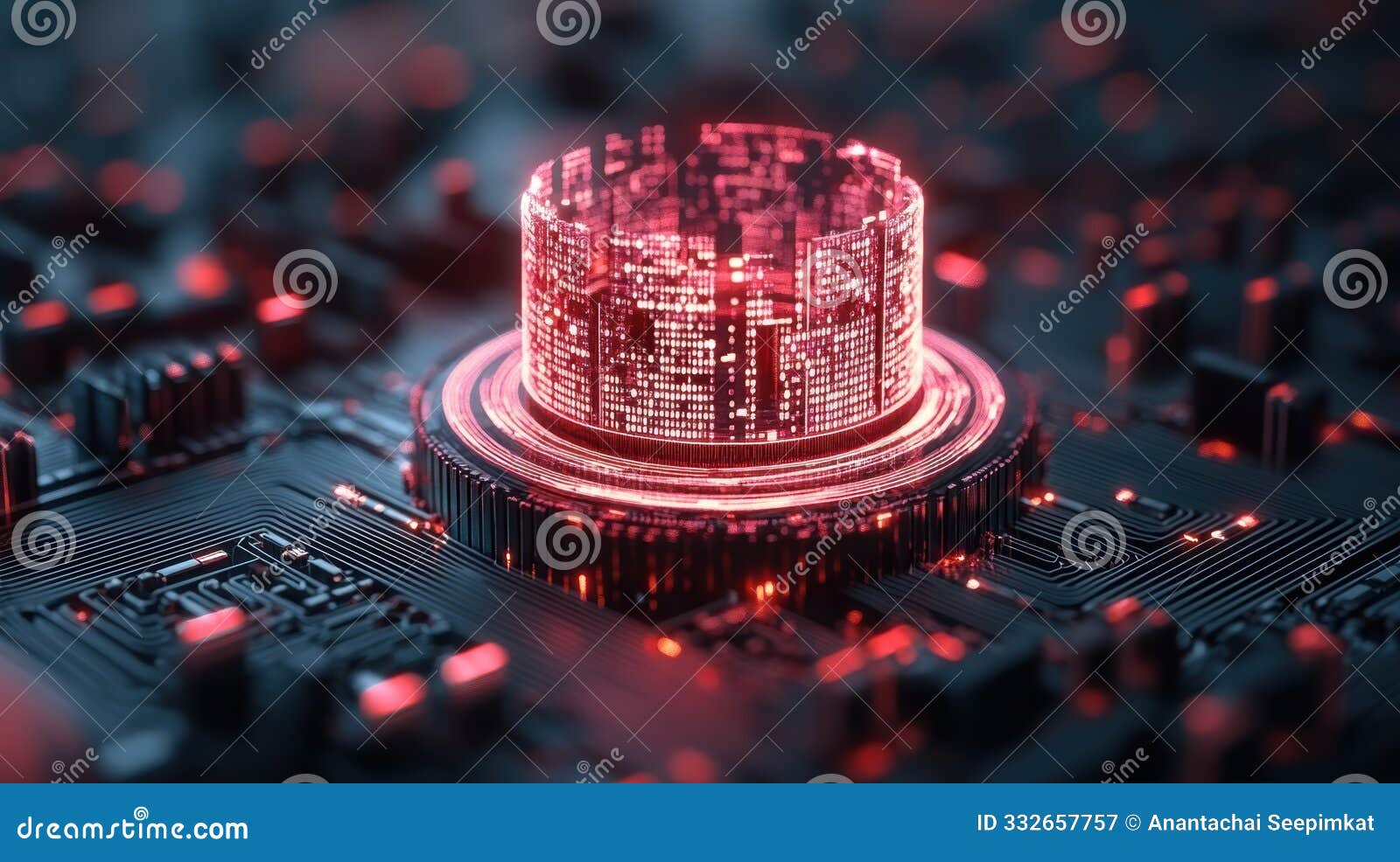A Glowing Red Data Core is Highlighted on a Futuristic Circuit Board ...
