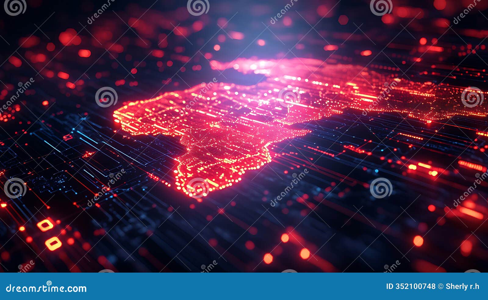 A Glowing Red Digital Map of a Continent is Outlined with Red and Blue ...