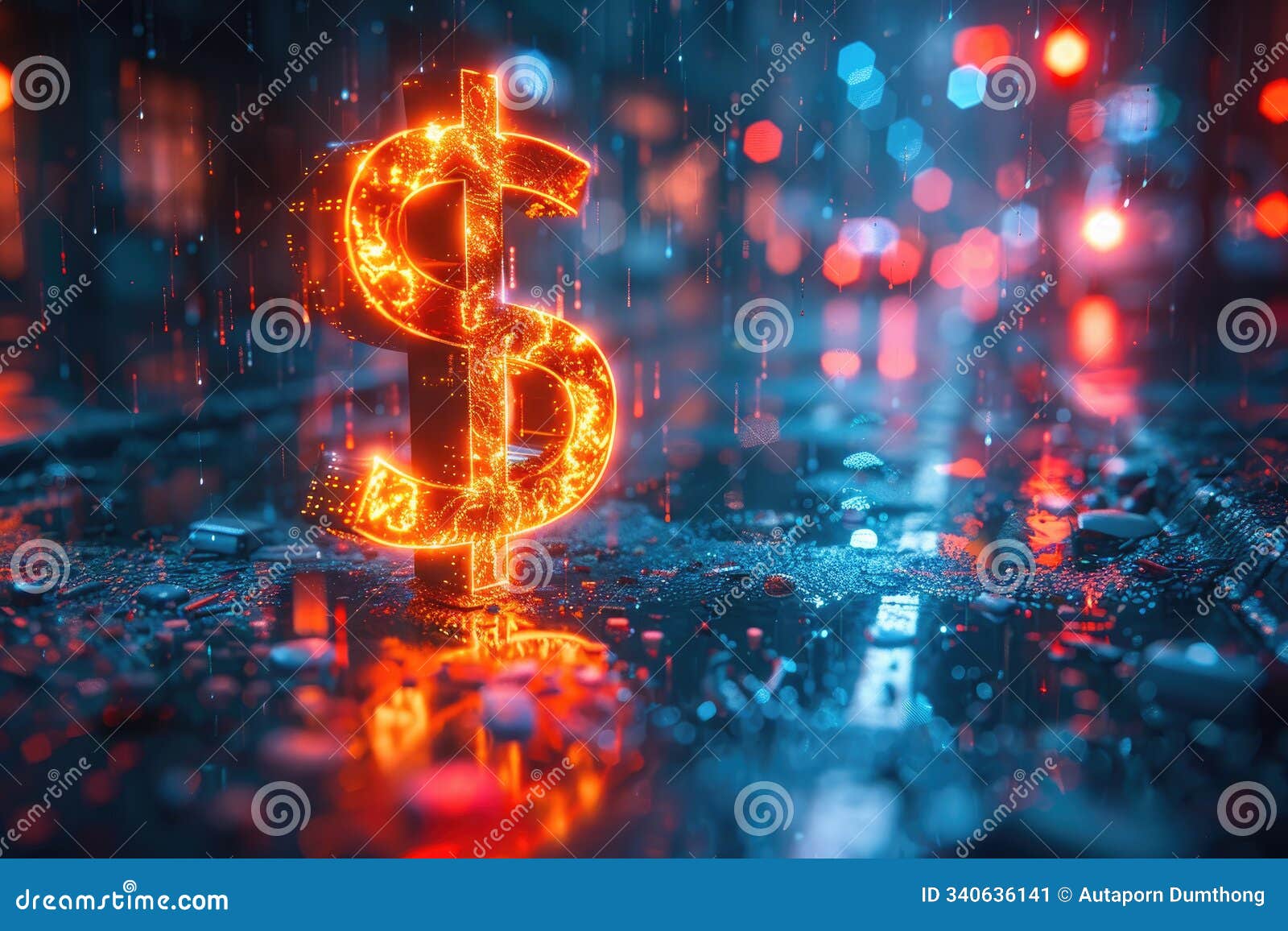 A Glowing Red Dollar Sign in the Rain Stock Illustration - Illustration ...