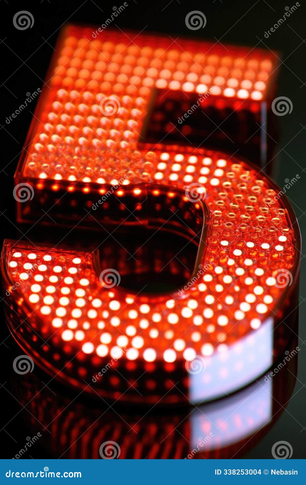 Glowing Red Led Number Five on Black Background with Bokeh Effect Stock ...