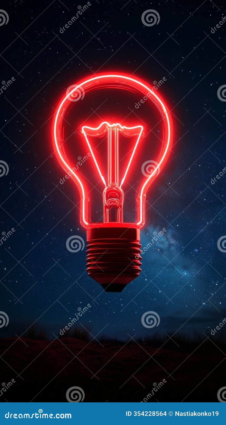Glowing Red Neon Light Bulb Against a Starry Night Sky, Creativity and ...