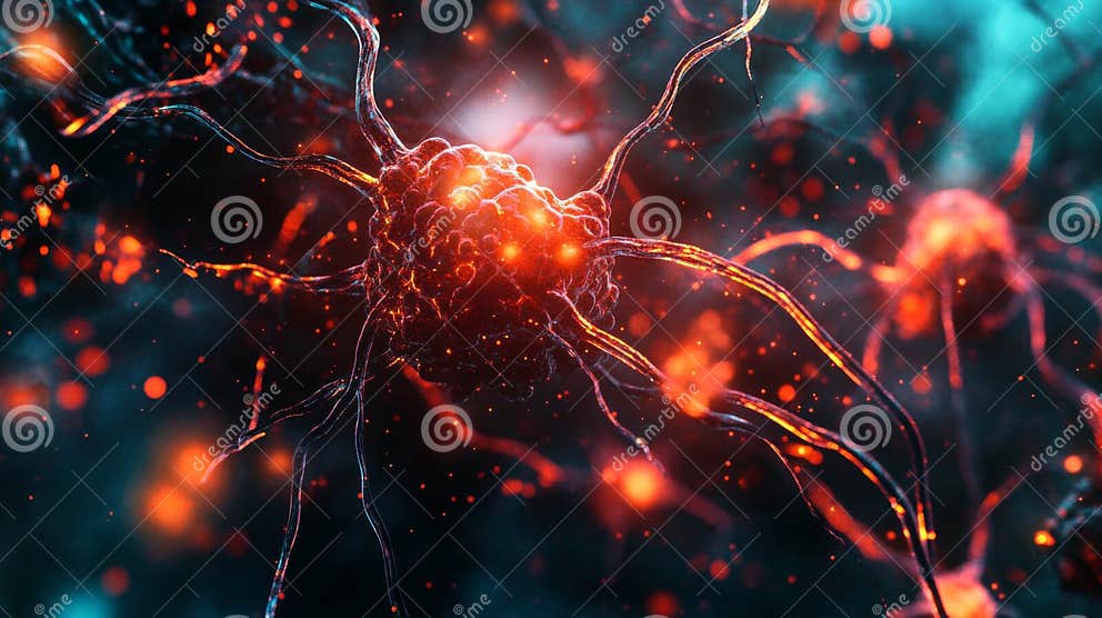 Glowing Red Neuron Cell with Branching Axons and Dendrites Stock ...