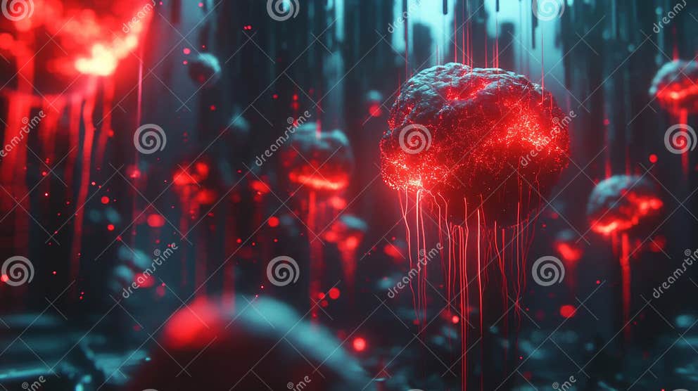 Glowing Red Orb Structures in a Dark Digital Realm Stock Illustration ...