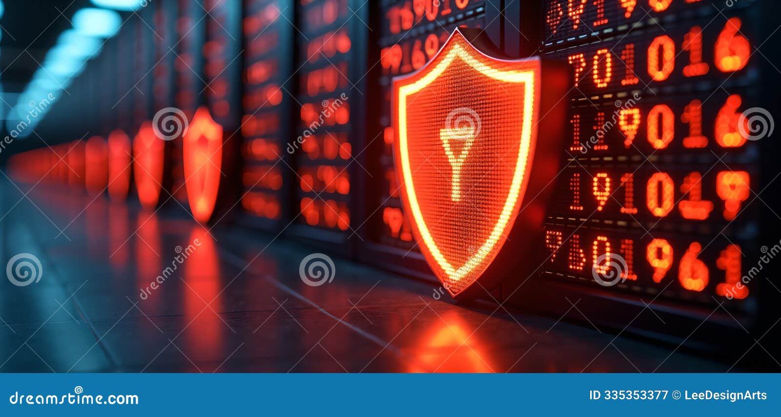 Glowing Red Shields in a Data Protection Server Room Stock Illustration ...