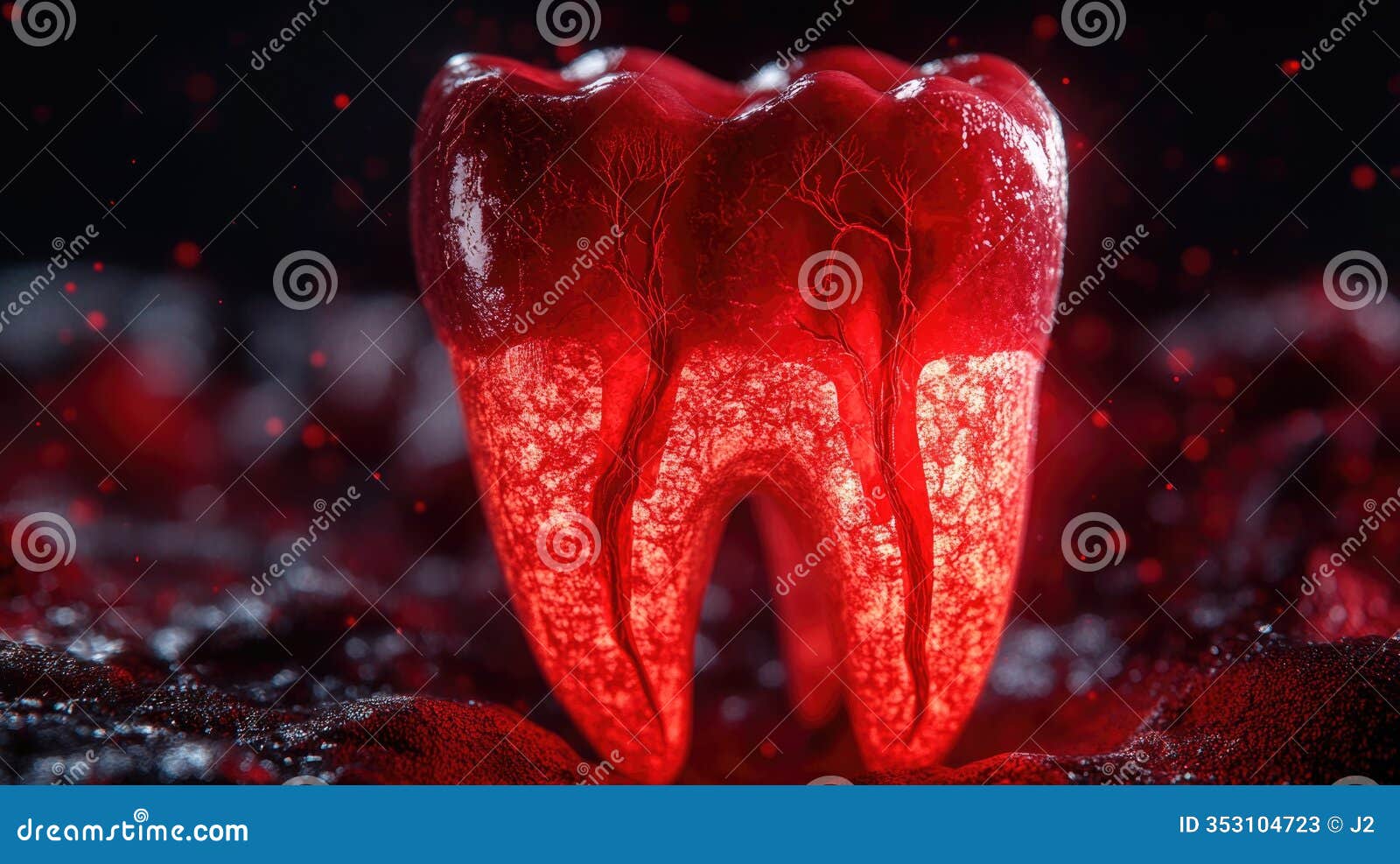 Glowing Red Tooth with Tree-like Veins in Dark Ambient Setting Stock ...