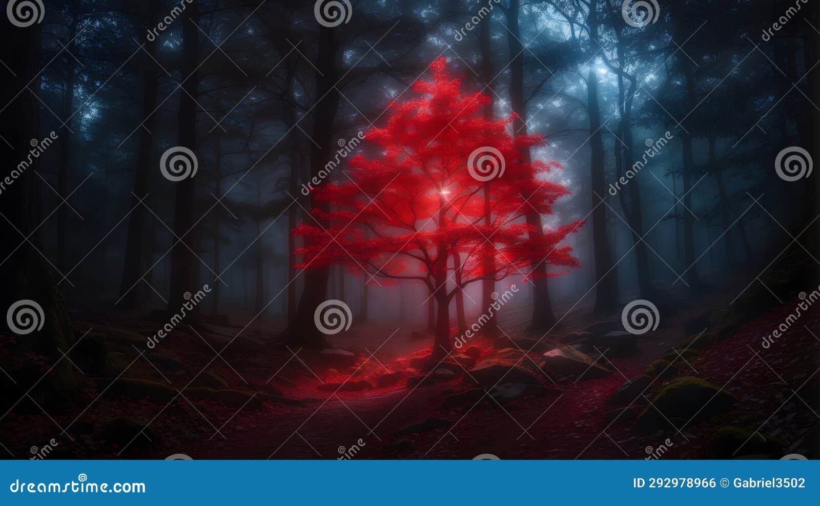 Glowing Red Tree in a Dark Forest Stock Illustration - Illustration of ...