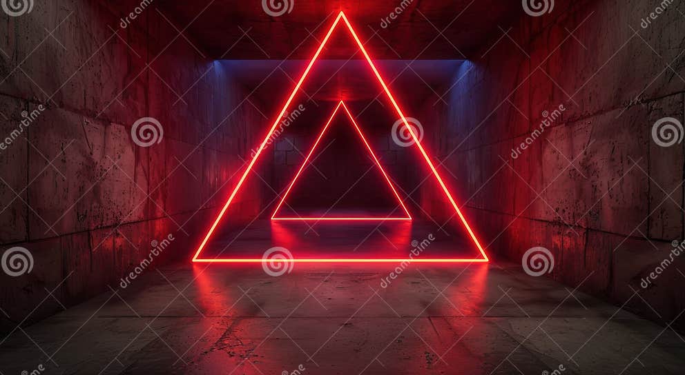 Glowing Red Triangular Neon Light Installation in Dark Industrial ...