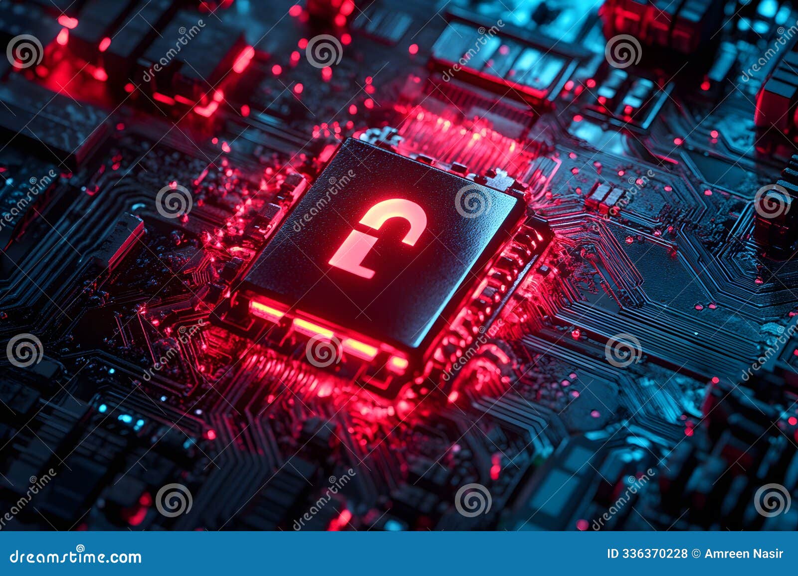 Glowing Red Unlocked Padlock Icon on Microchip, Cybersecurity Breach ...
