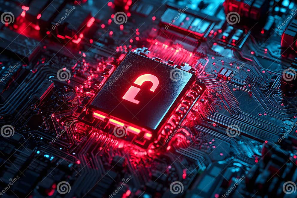 Glowing Red Unlocked Padlock Icon on Microchip, Cybersecurity Breach ...