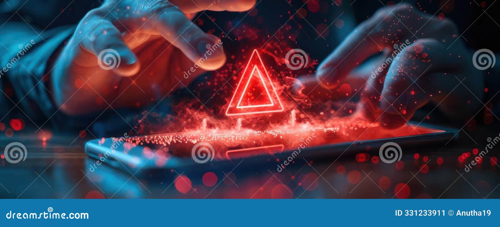 Glowing Red Warning Symbol on a Tablet, Surrounded by Hands and Digital ...