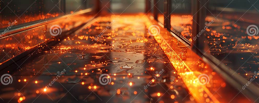 Glowing Reflections on Wet Surface with Warm Light in Modern Urban ...
