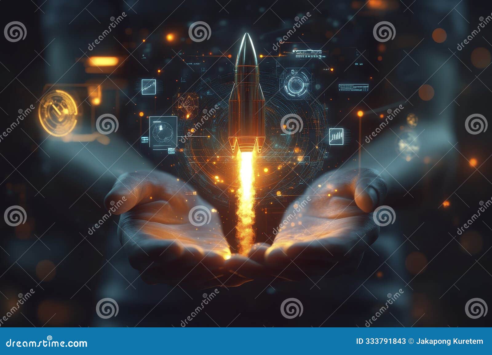 Glowing Rocket Launching from Hands with Holographic Tech Icons, Dark ...
