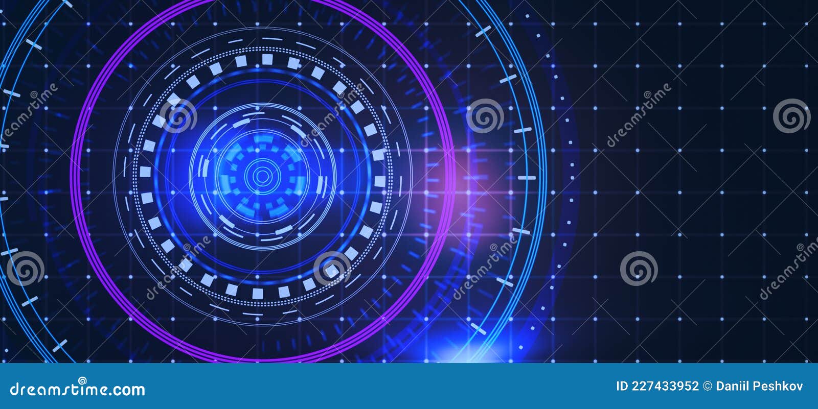 Glowing Round Digital Blue Interface on Dark Grid Background with Mock ...