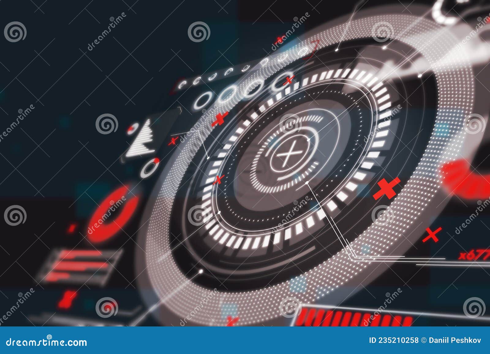 Glowing Round Interface with Red Cross. Hud, Future, Safety and Cyber ...