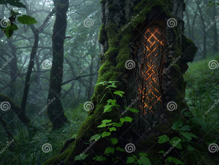 Glowing Runes in a Mysterious Forest Stock Illustration - Illustration ...