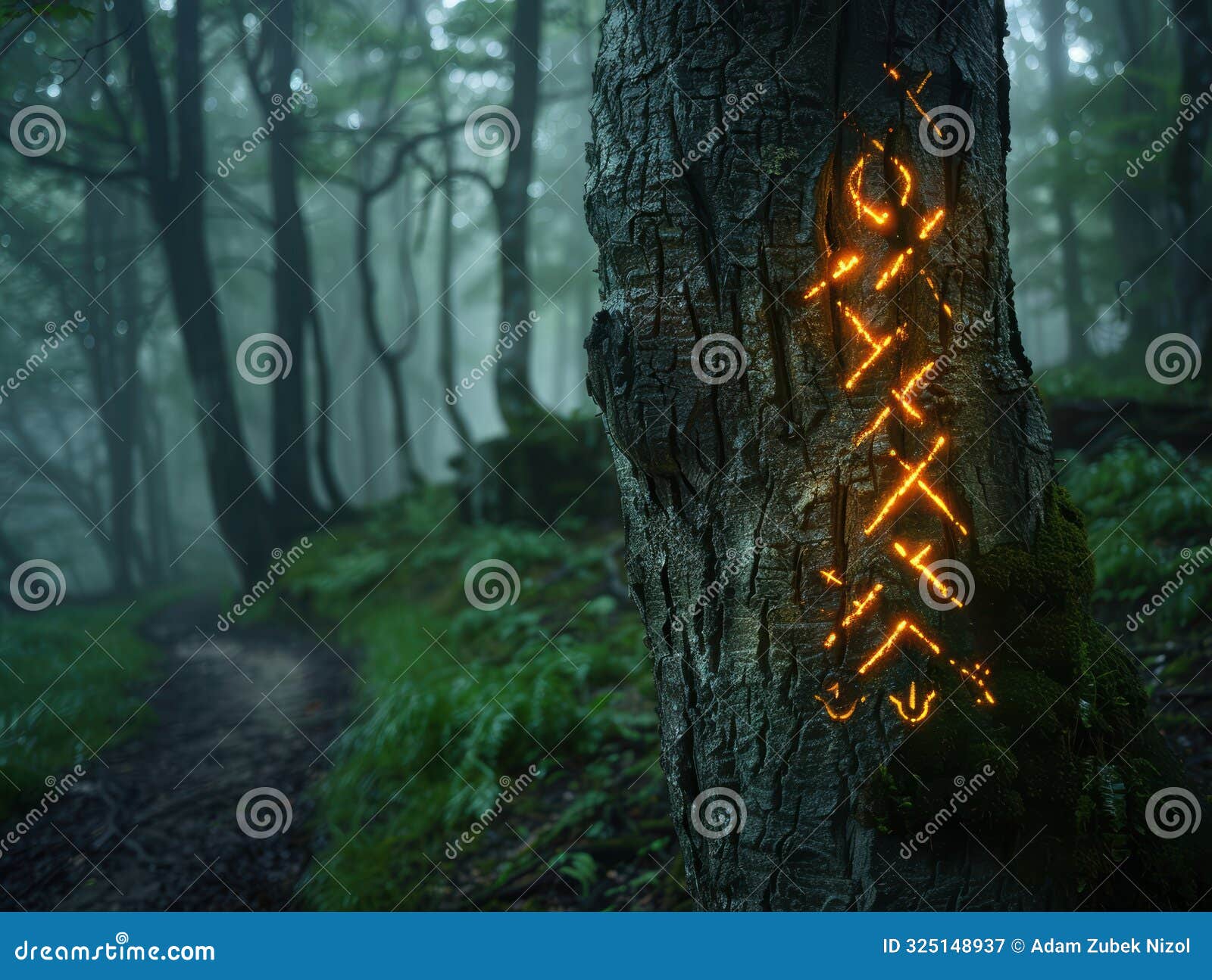 Glowing Runes on a Tree in a Dark Forest Stock Illustration ...