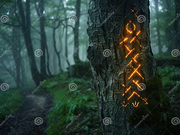 Glowing Runes on a Tree in a Dark Forest Stock Illustration ...