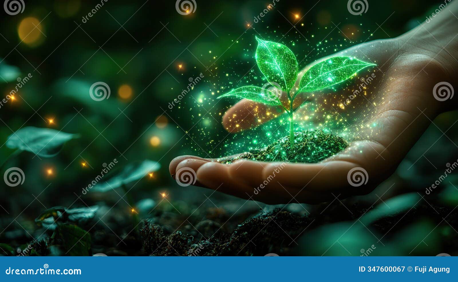 Glowing Sapling Sprouting from Soil in a Hand, Surrounded by Magical ...