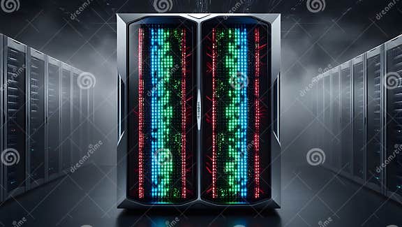 A Glowing Server Rack with Blinking Lights in a Dimly Lit Data Center ...