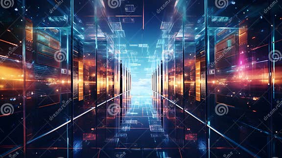 Glowing Server Racks in a Data Center Forming a Surreal Skyline Stock ...