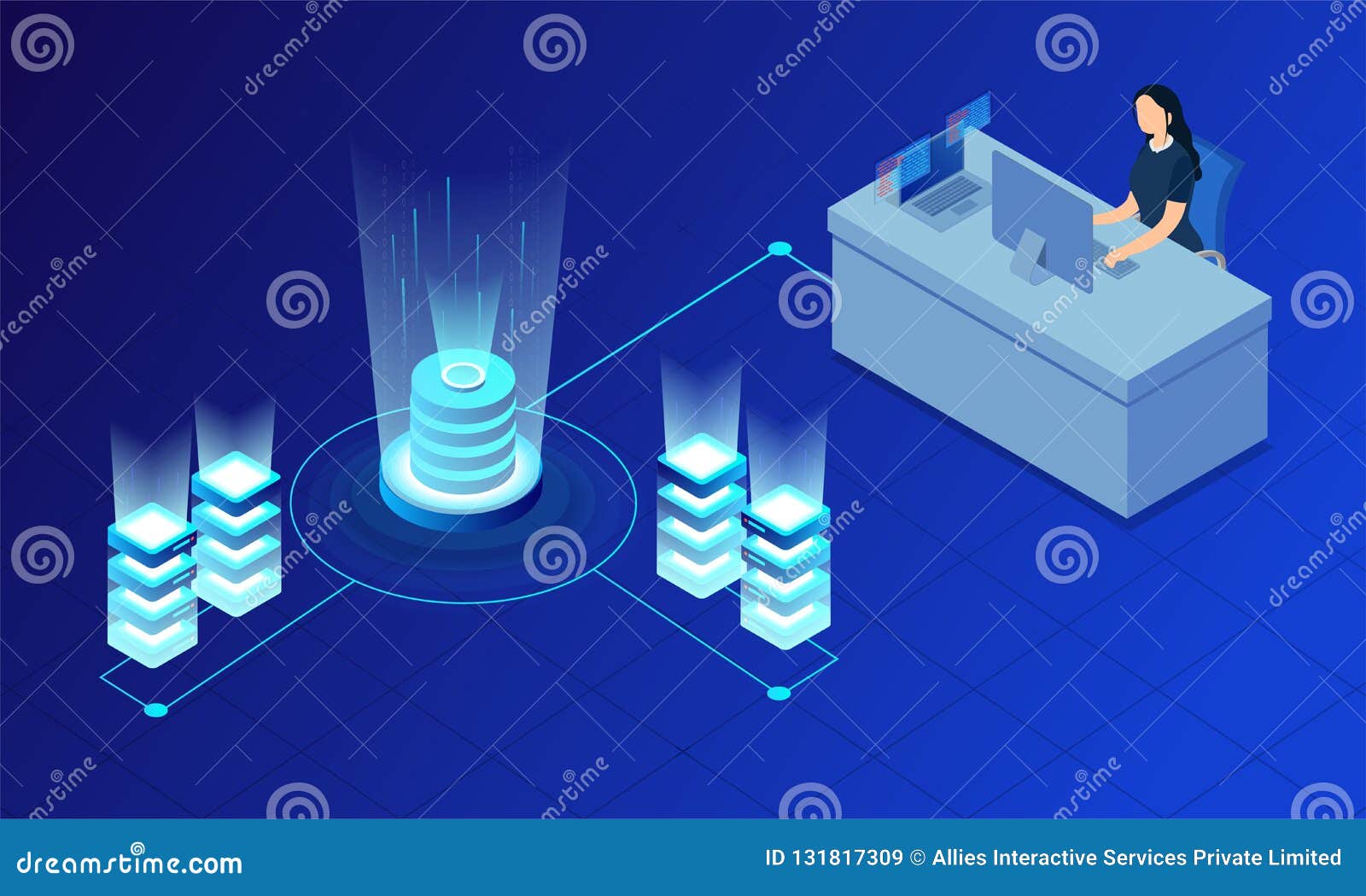 Glowing Servers Connected with Database, Lady Analyst Maintain T Stock ...