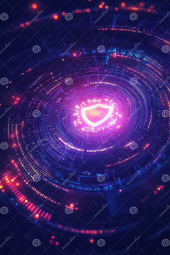 A Glowing Shield Icon is at the Center, Enveloped by Flowing Binary ...