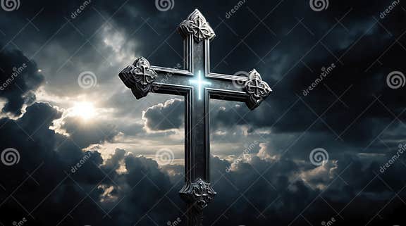 Glowing Silver Cross on Dark Background with Ai Generated Stock ...