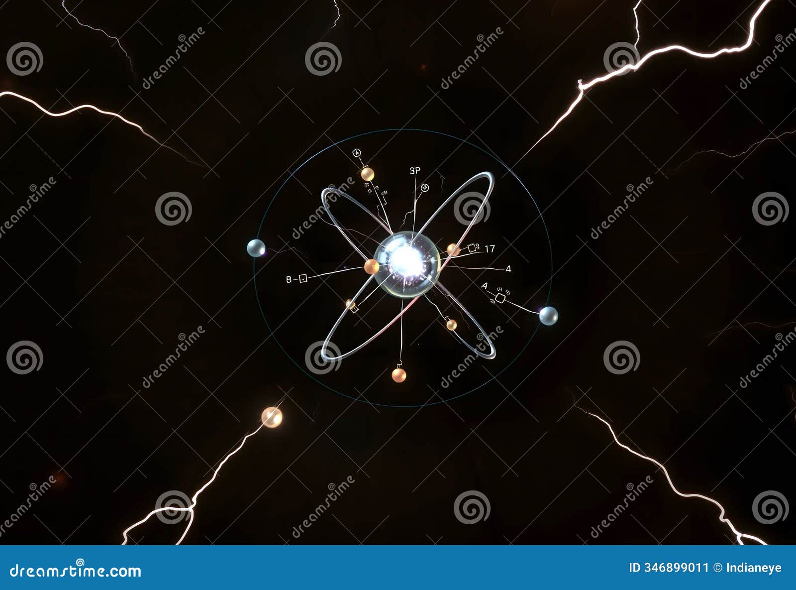 A Glowing Sphere with Three Balls Surrounding it Illustrating Atomic ...