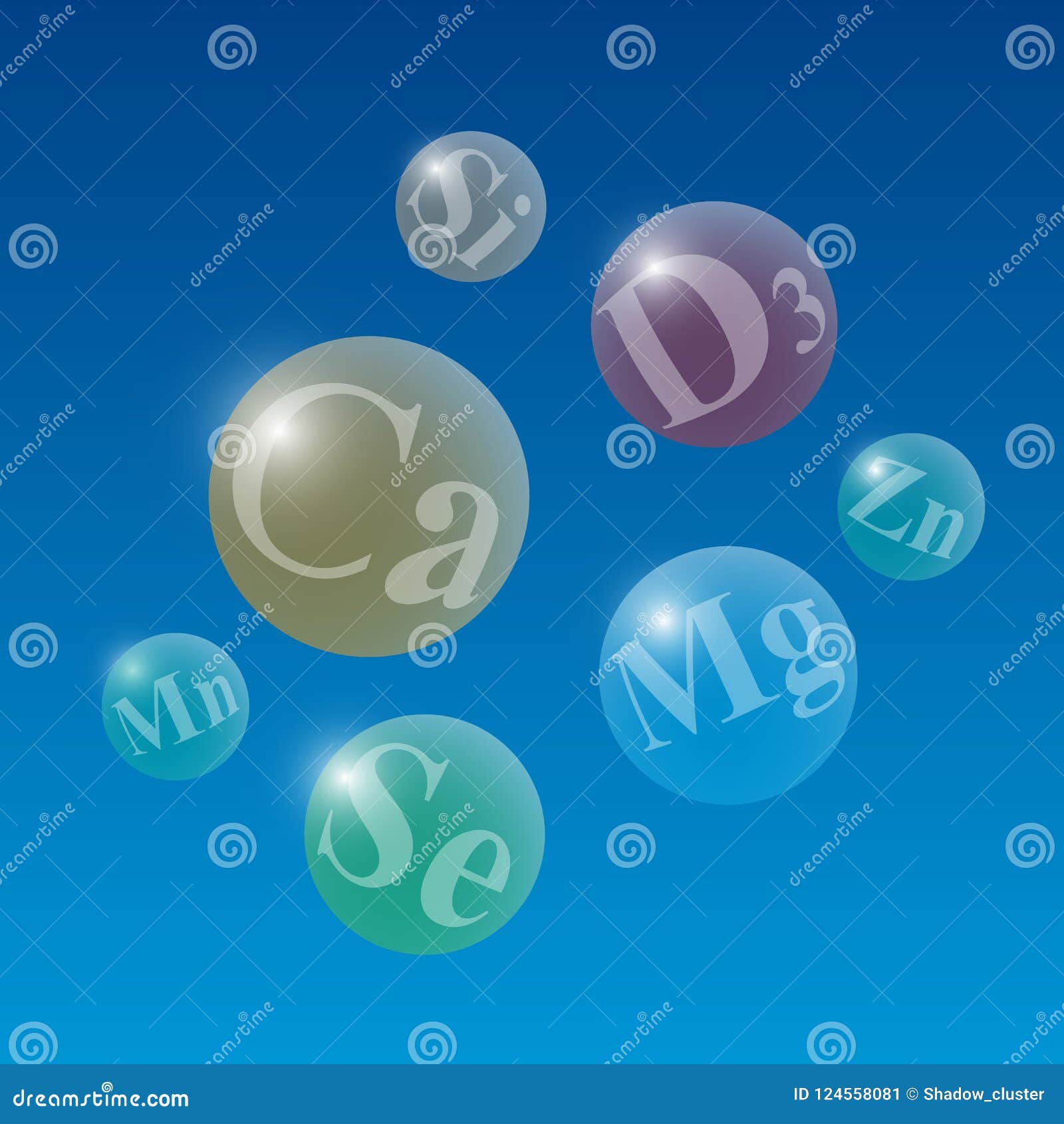 Glowing Spheres with Useful Microelements on Blue Background Stock ...