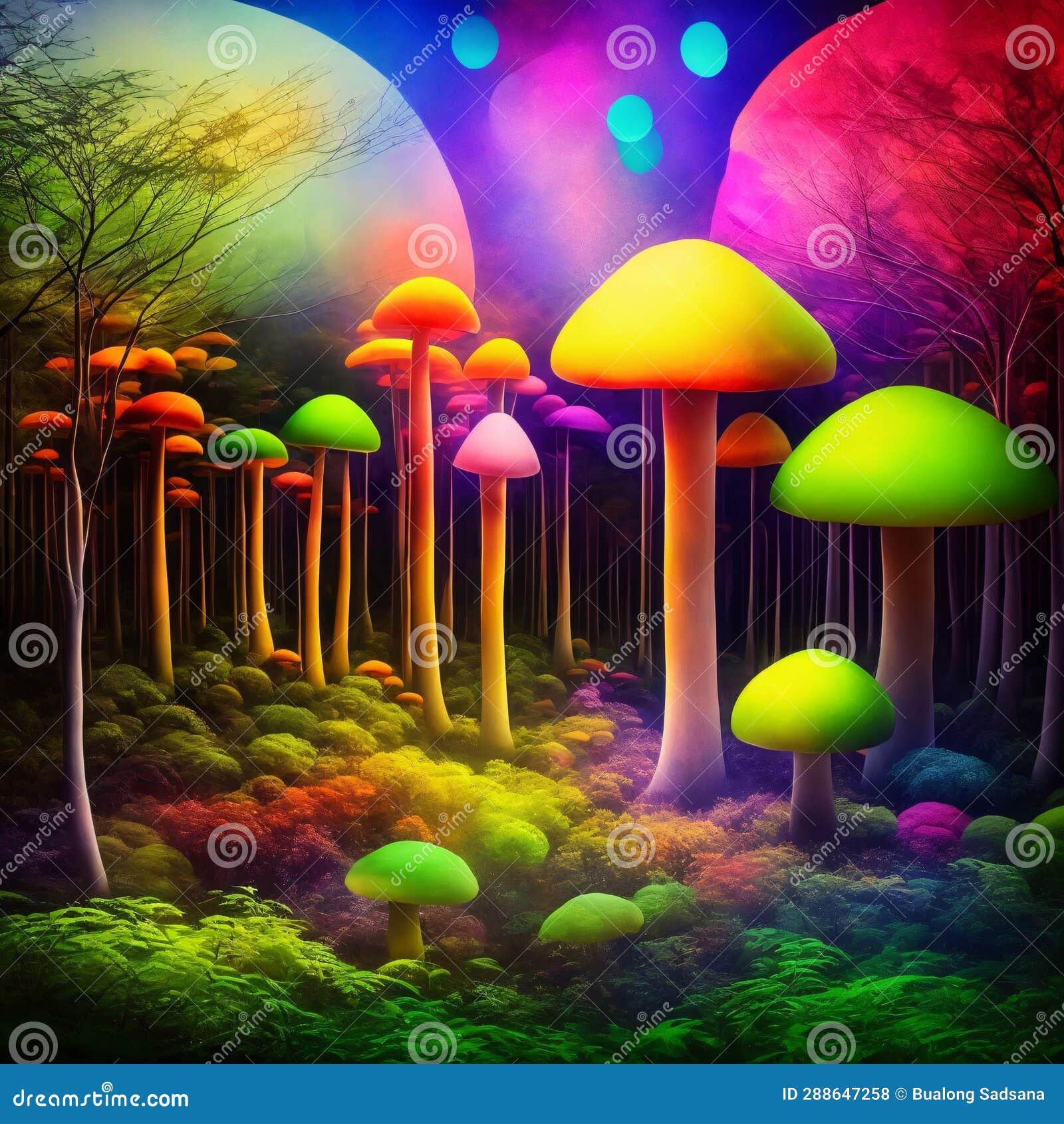 Glowing Spotted Fluorescent Mushrooms, Mystic Luminescent Forest ... Glowing Spotted Fluorescent Mushrooms, Mystic Luminescent Forest ...