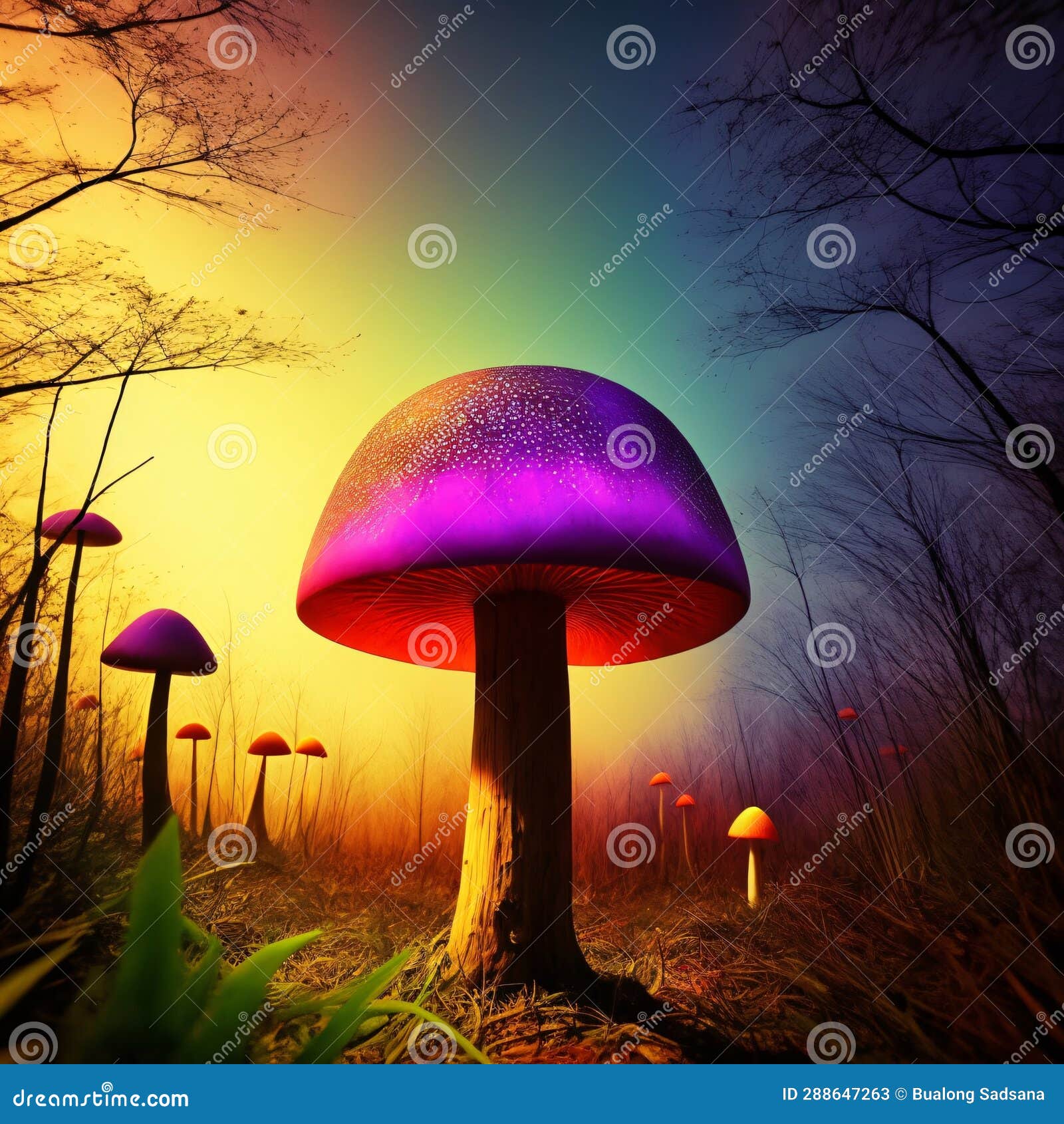 Glowing Spotted Fluorescent Mushrooms, Mystic Luminescent Forest ... Glowing Spotted Fluorescent Mushrooms, Mystic Luminescent Forest ...