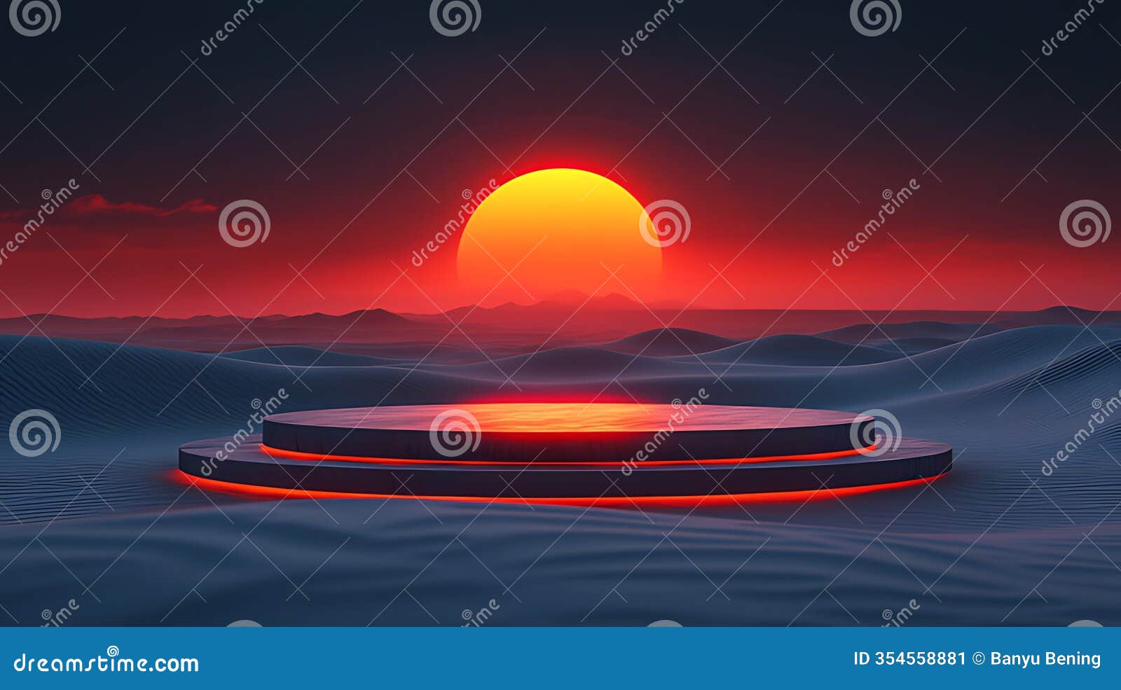 Glowing Stage Platform in Desert Sunset Landscape Stock Illustration ...