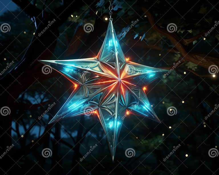 A Glowing Star Hanging from a Tree in the Dark Stock Illustration ...